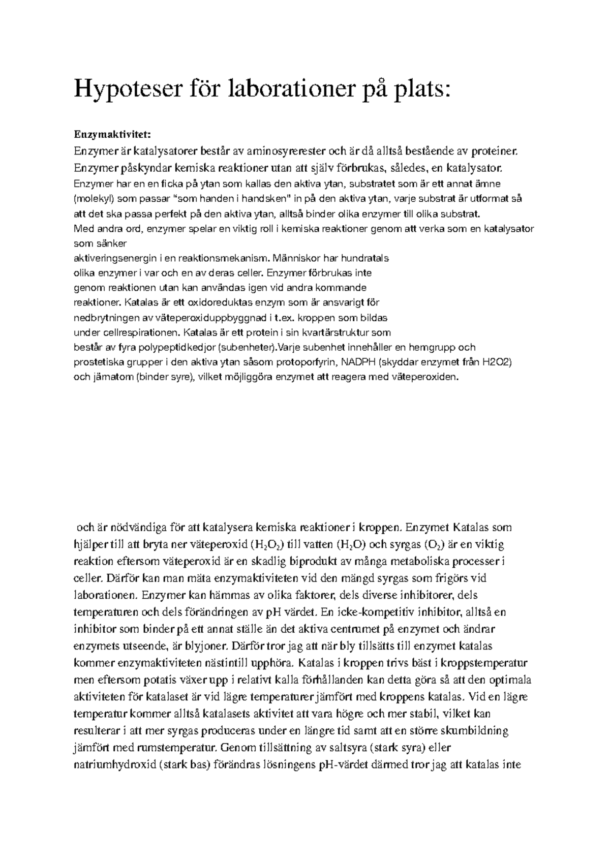 Hypoteser inför laborationer på plats - Hypoteser för laborationer på ...