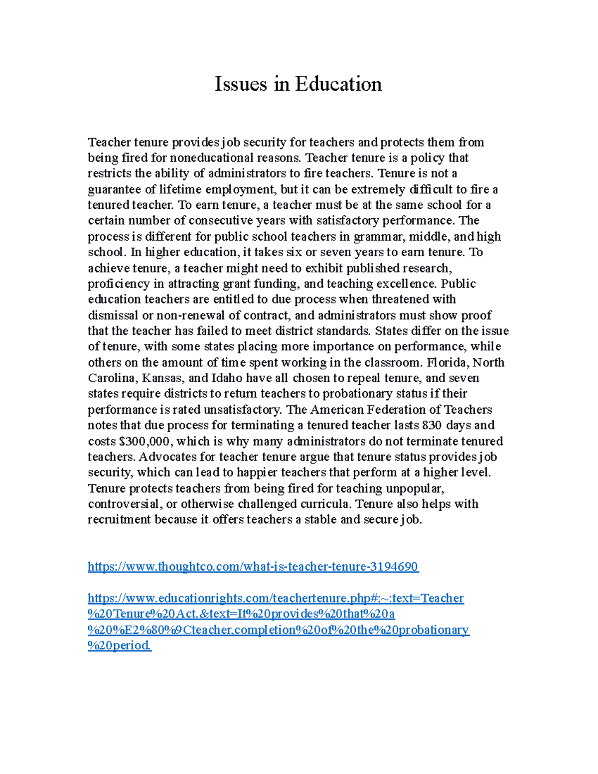 Issues in Education - Issues in Education Teacher tenure provides job ...