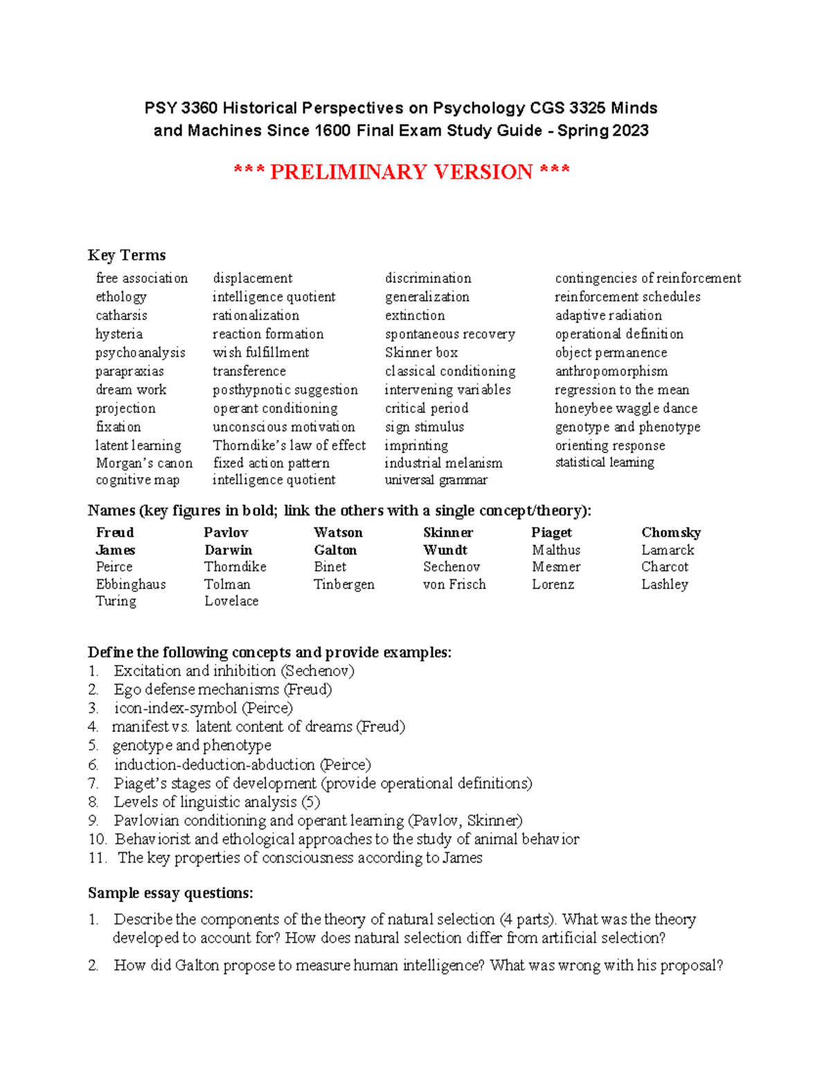 Final exam study guide - PSY 3360 Historical Perspectives on Psychology CGS 3325 Minds and ...
