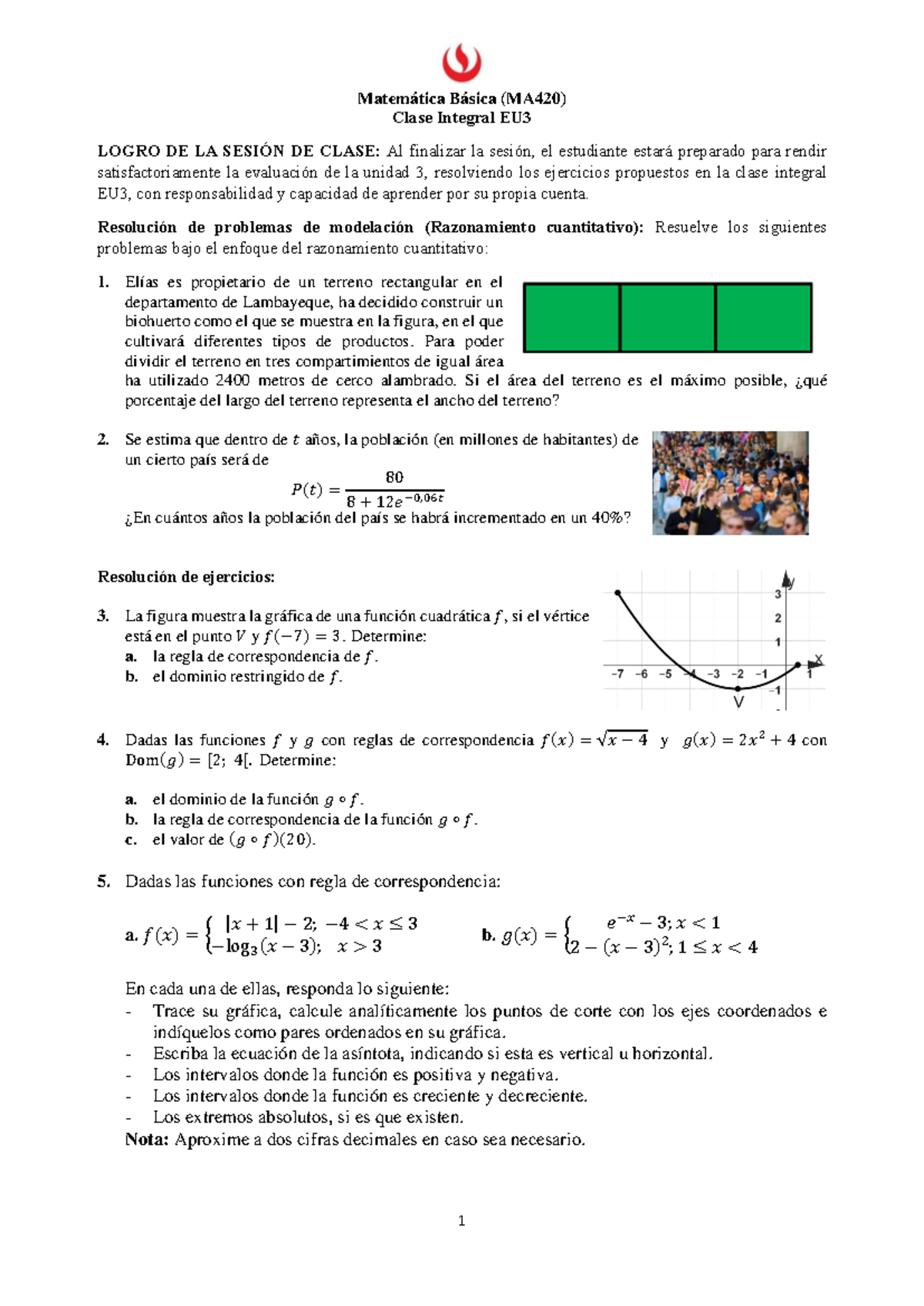 MA420 - Clase integral EU3 - 1 Matemática Básica (MA420) Clase Integral EU LOGRO DE LA SESIÓN DE ...