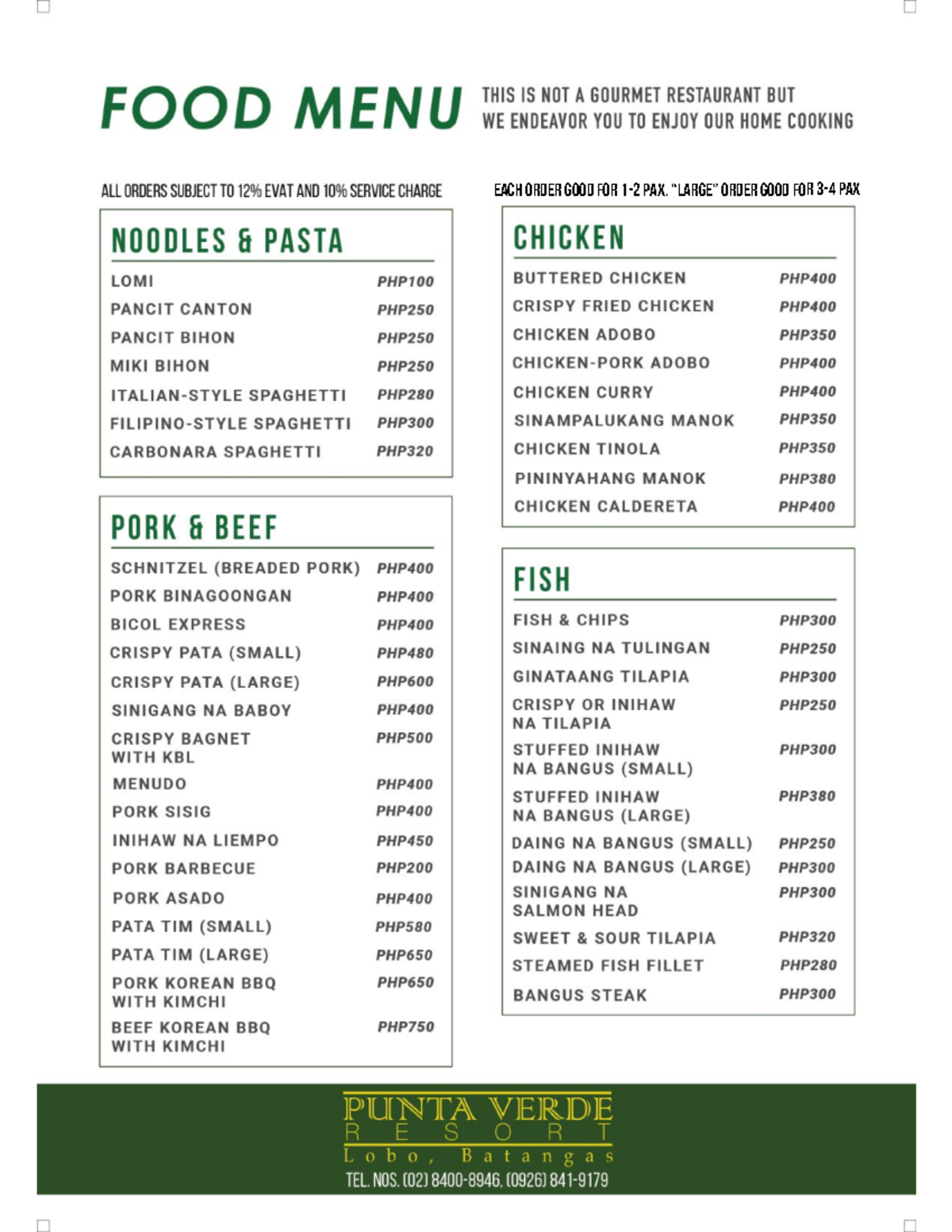 MENU - Punta Verde Resort - College of Education - Studocu