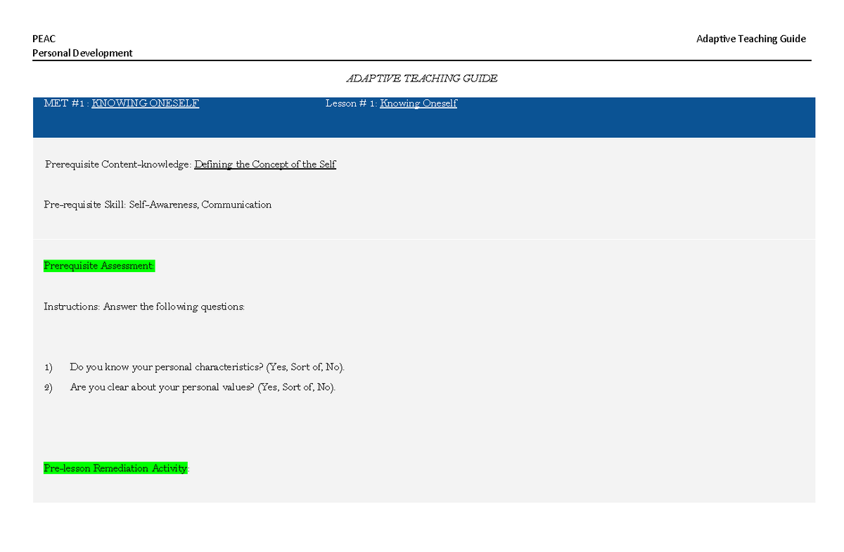 ATG MET 1 Lesson 1 Knowing oneself - Personal Development ADAPTIVE ...