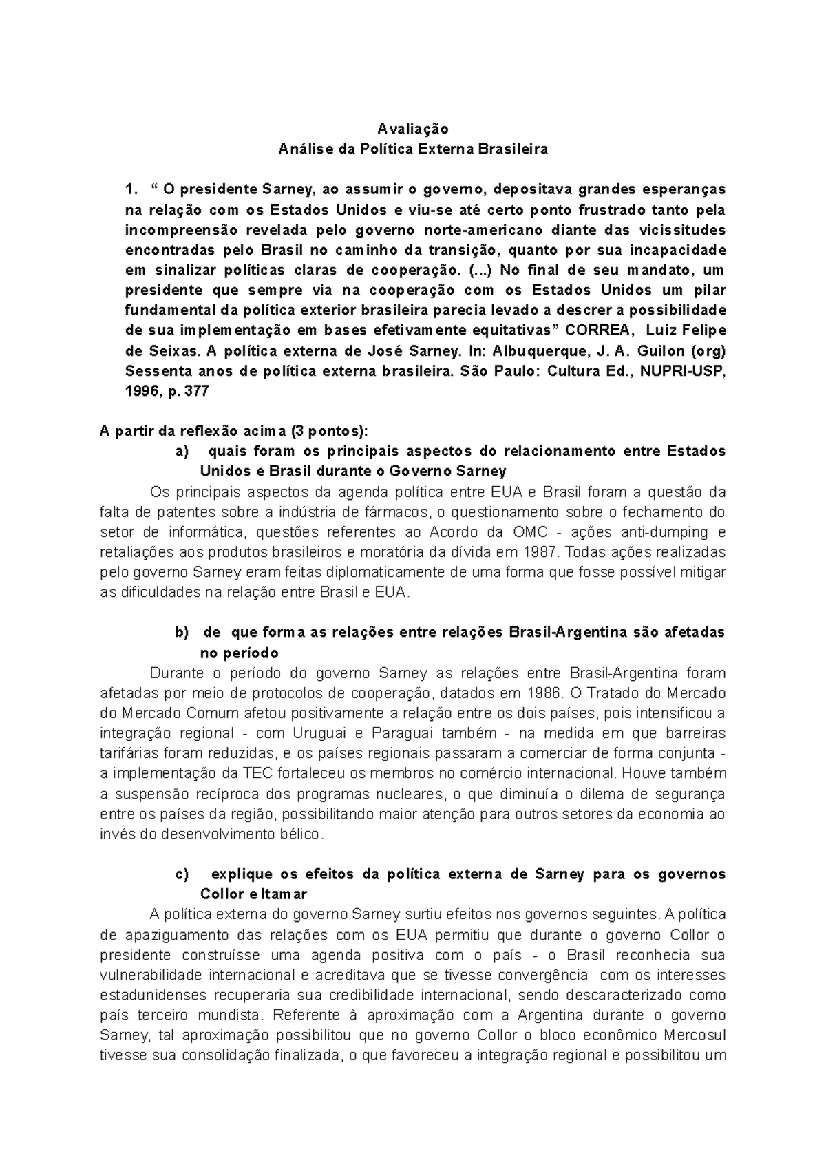 Prova Política Externa Brasileira - Avaliação Análise da Política ...