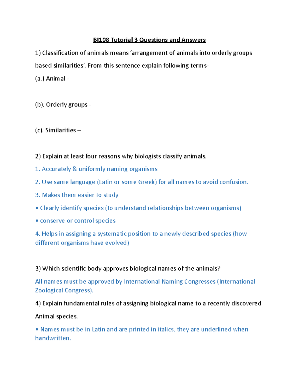 BI108 Tutorial 3 Questions and Answers - BI108 Tutorial 3 Questions and ...