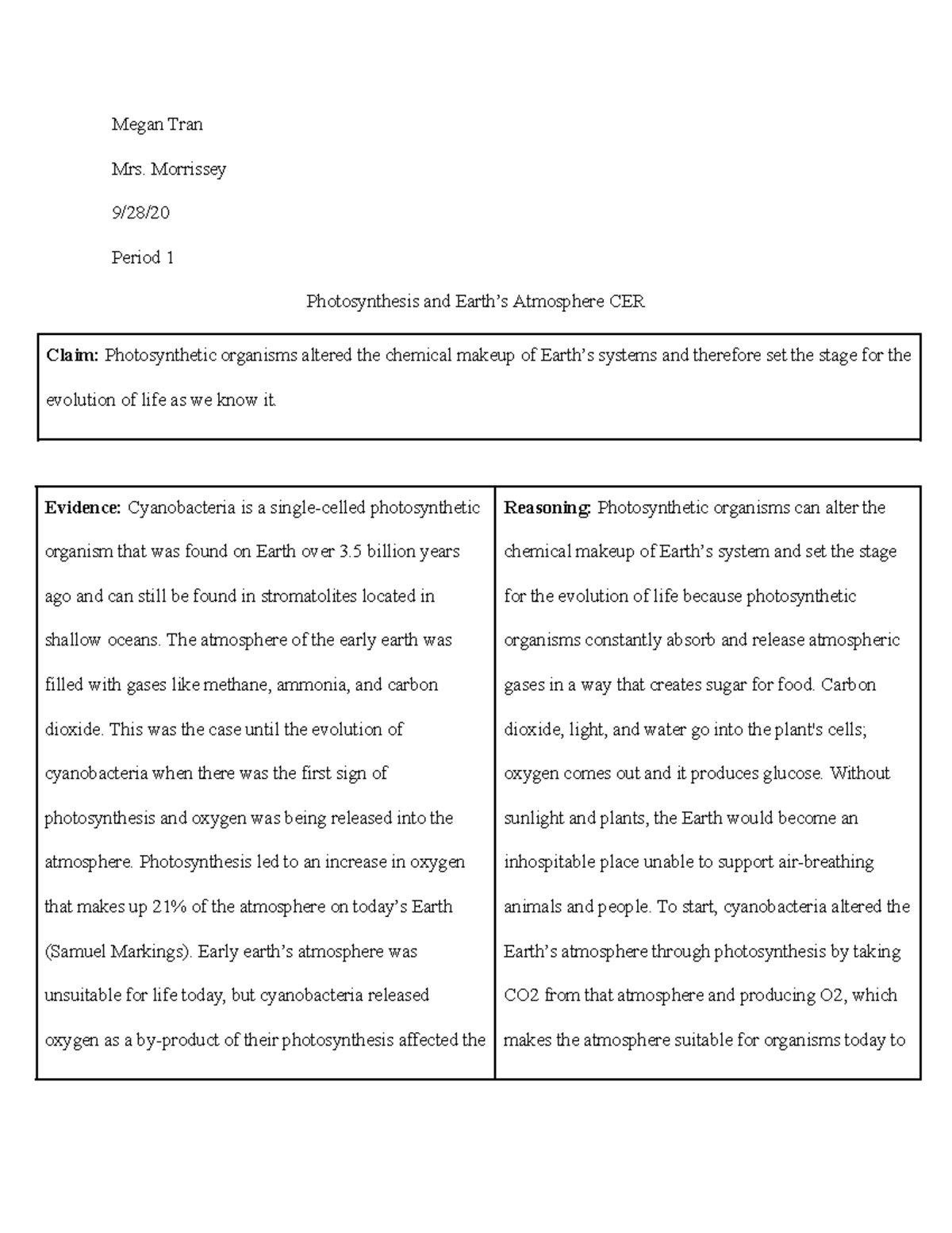 Photosynthesis and Earth's Atmosphere CER - Megan Tran Mrs. Morrissey 9 ...