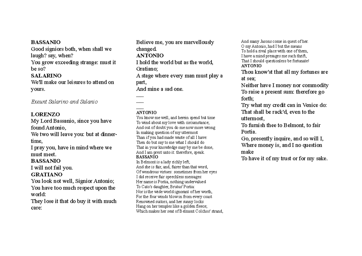 Bassanio and Antonio dailogue in Shakespeare's novel - Merchant of ...