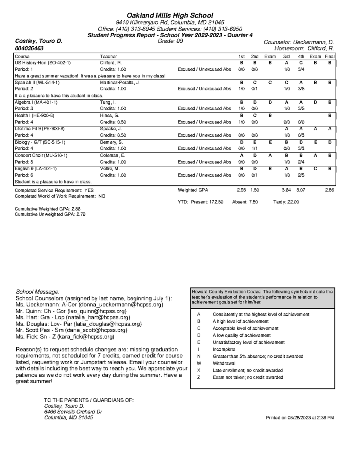 2022-2023 Q4 Report Card - Oakland Mills High School 9410 Kilimanjaro ...