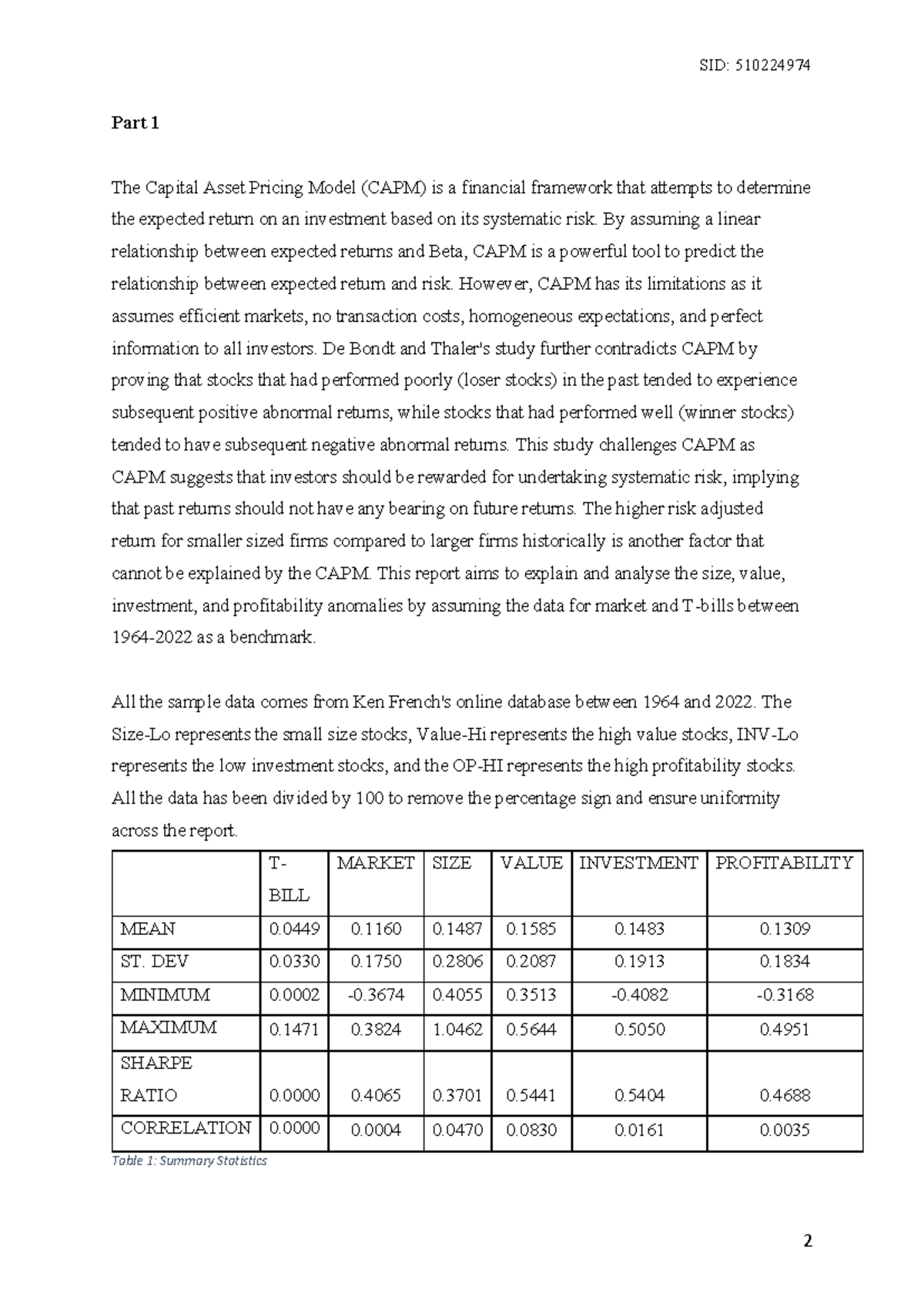FINC3017 A2 - High Distinction - Part 1 The Capital Asset Pricing Model ...