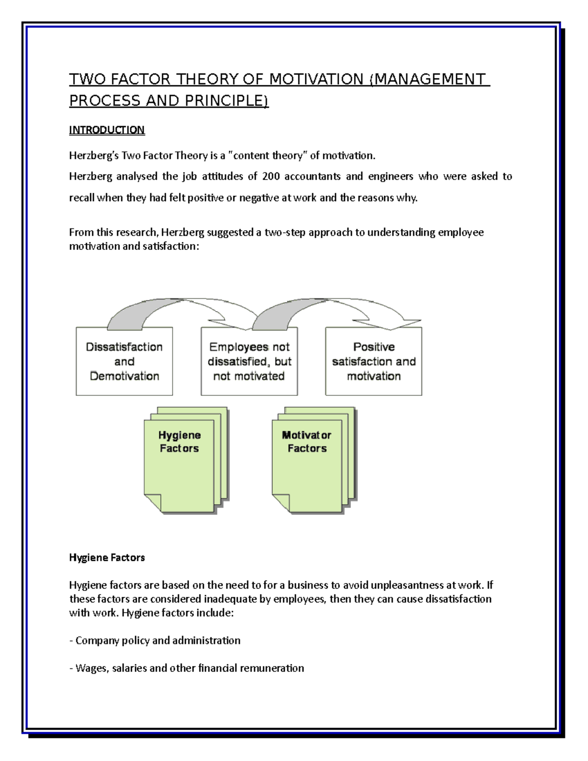 TWO Factor Theory OF Motivation - TWO FACTOR THEORY OF MOTIVATION ...