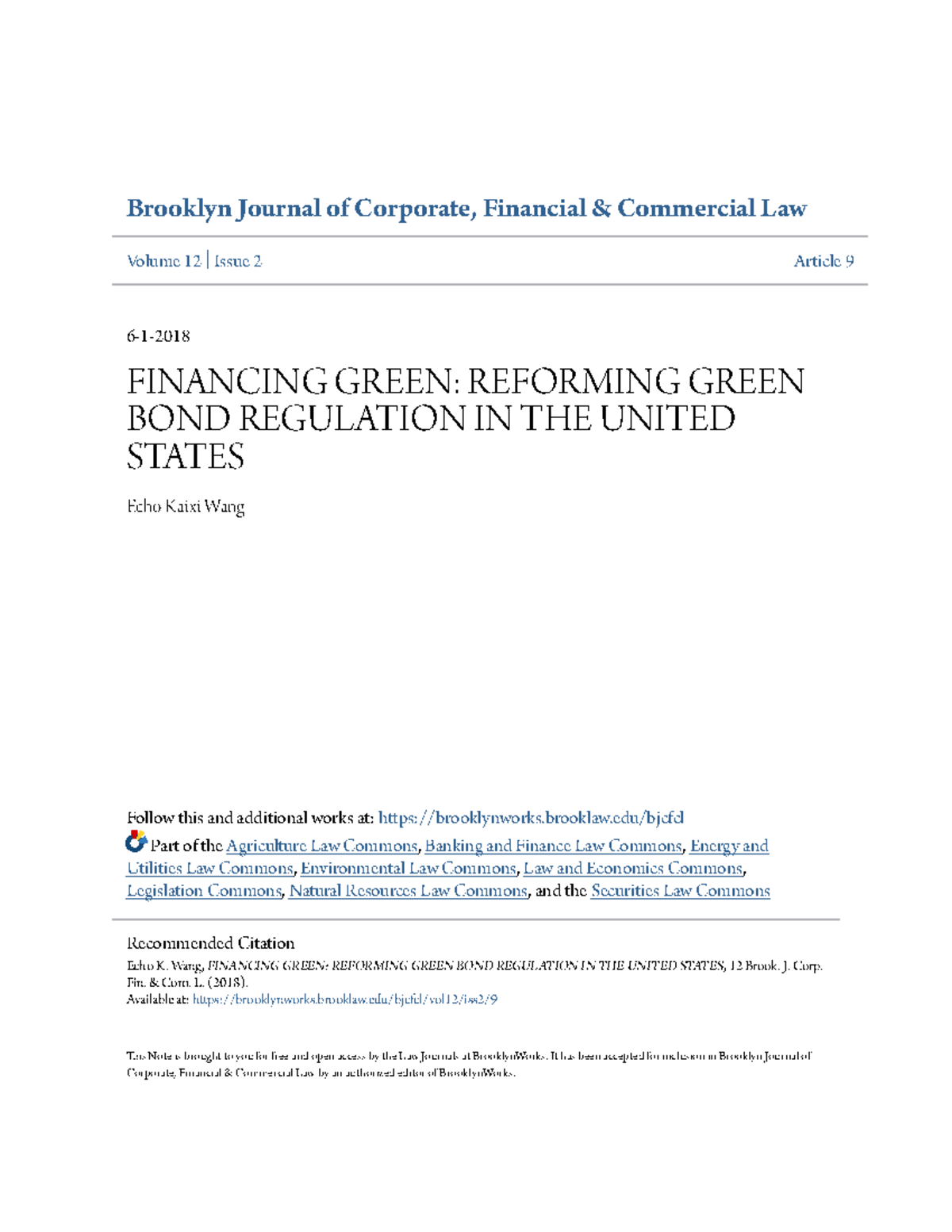 Financing Green Reforming Green BOND Regulation IN THE United ST ...