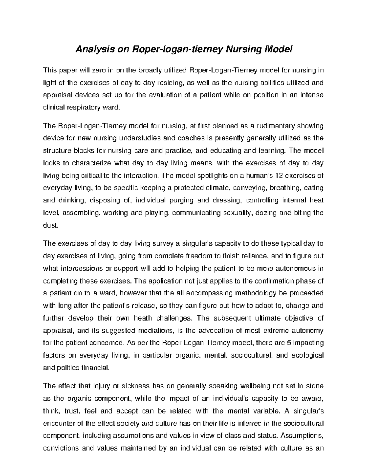 Analysis on Roper-logan-tierney Nursing Model - The Roper-Logan-Tierney ...