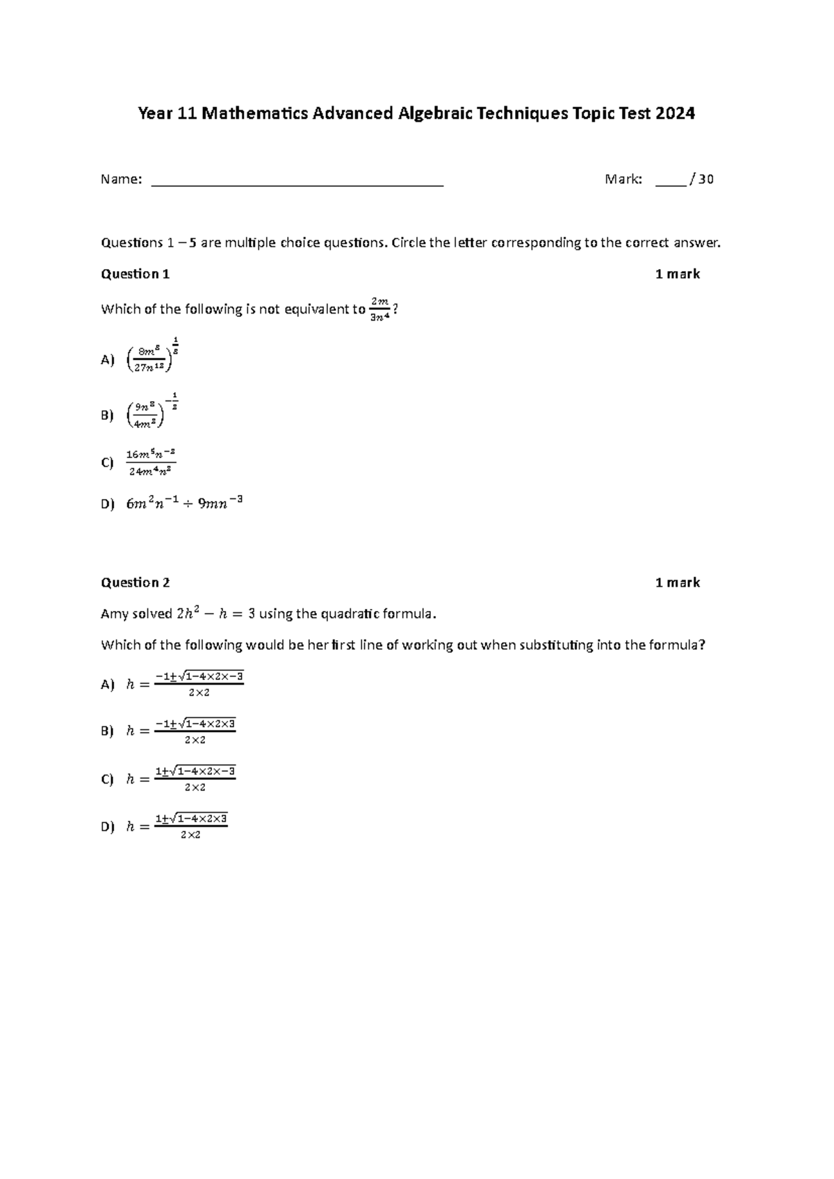 Year 11 Mathematics Advanced Algebraic Techniques Topic Test - Circle ...
