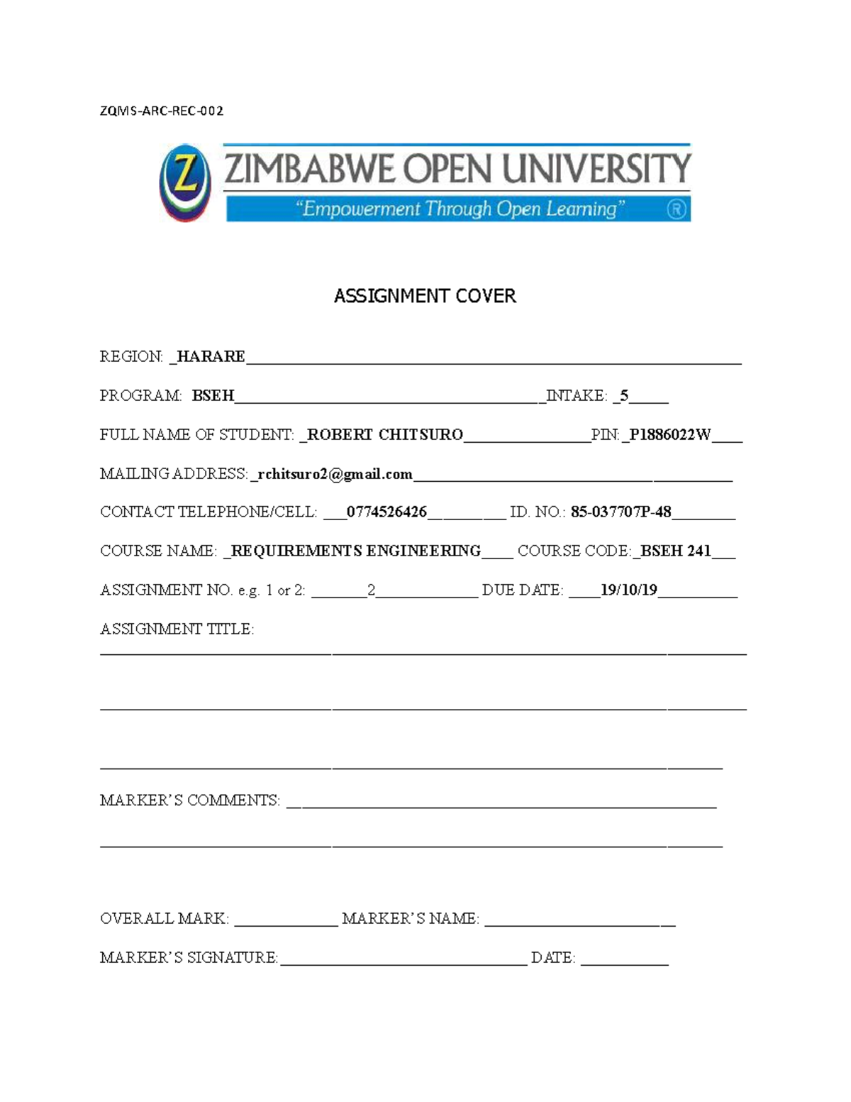 Assignment 2 Requirements Engineering Module For Software Engineering Zqms Arc Rec Assignment