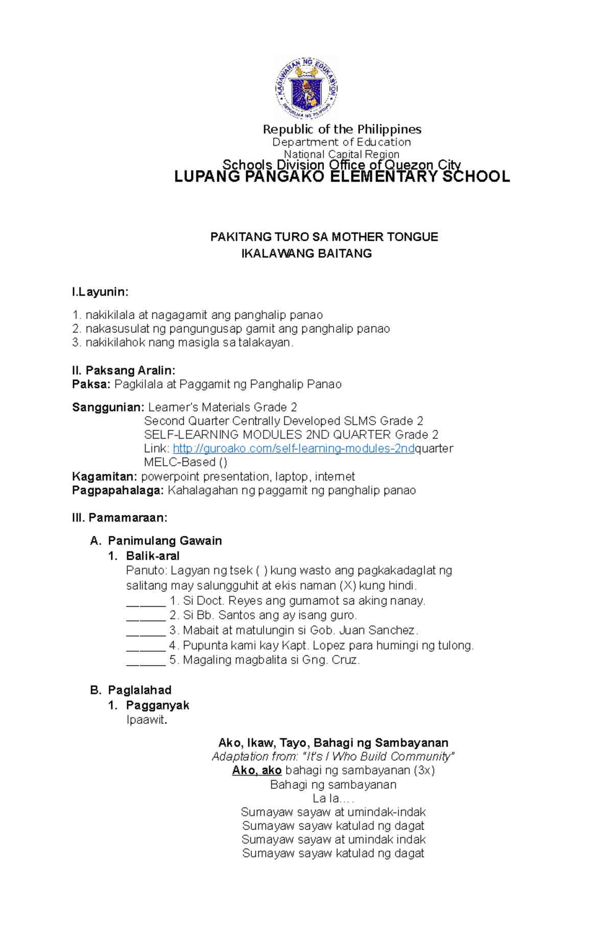 LP MTB Panghlip Panao - PAKITANG TURO SA MOTHER TONGUE IKALAWANG ...