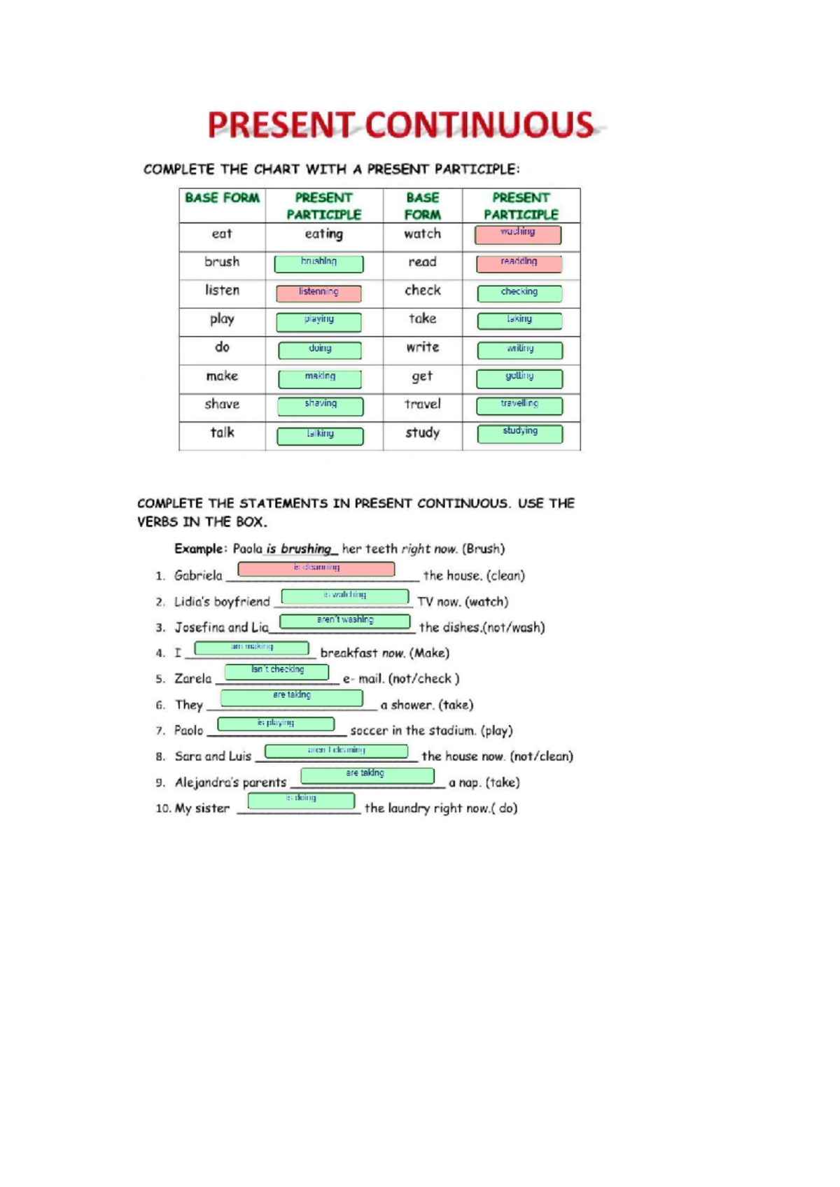 Semana 4 - practica - PRESENT CONTINUOUS COMPLETE THE CHART WITH A ...