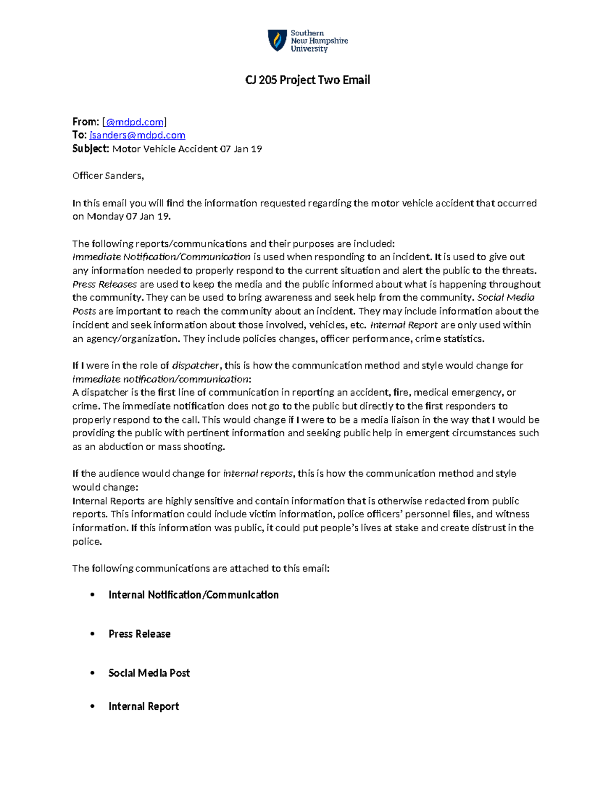 CJ 205 Project Two Email - CJ 205 Project Two Email From: [@mdpd] To ...