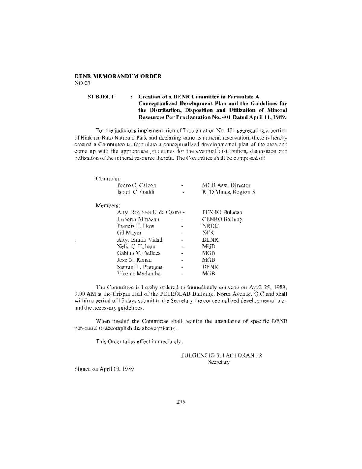 Creation of a DENR Committee to Formulate a Conseptualized ...