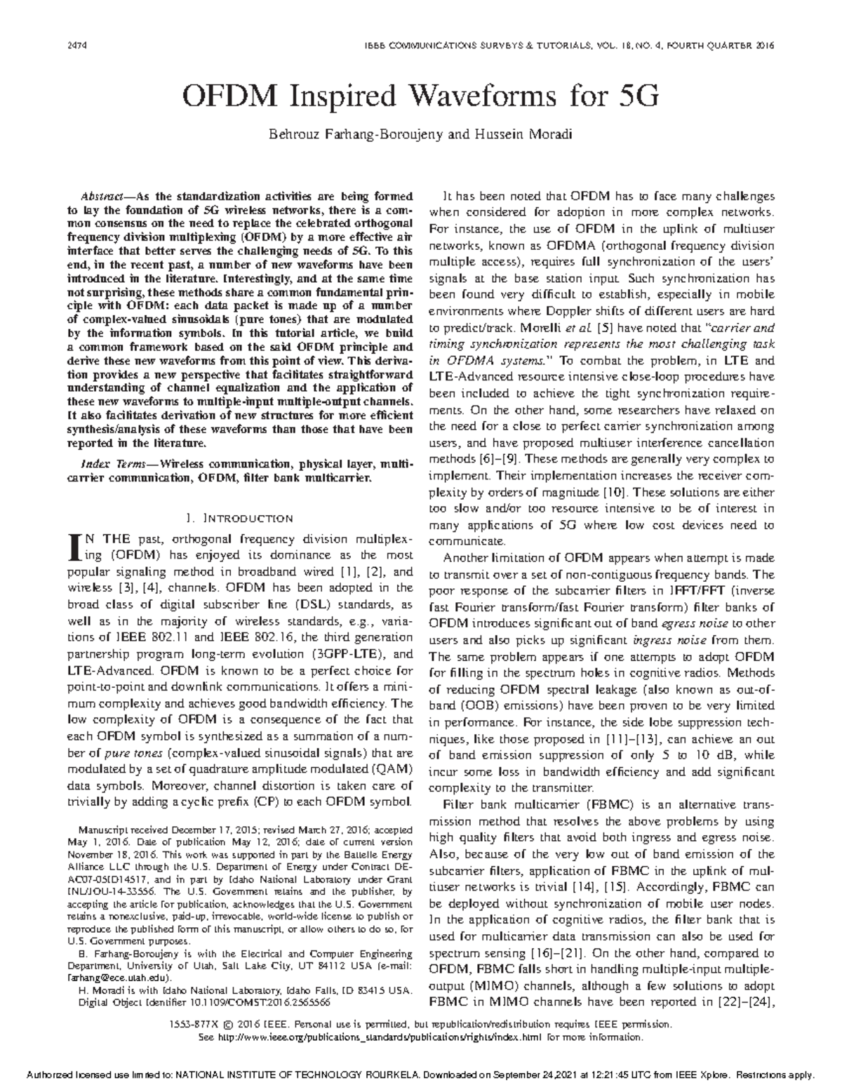 OFDM Inspired Waveforms for 5G - Digital Communication - NITR - Studocu