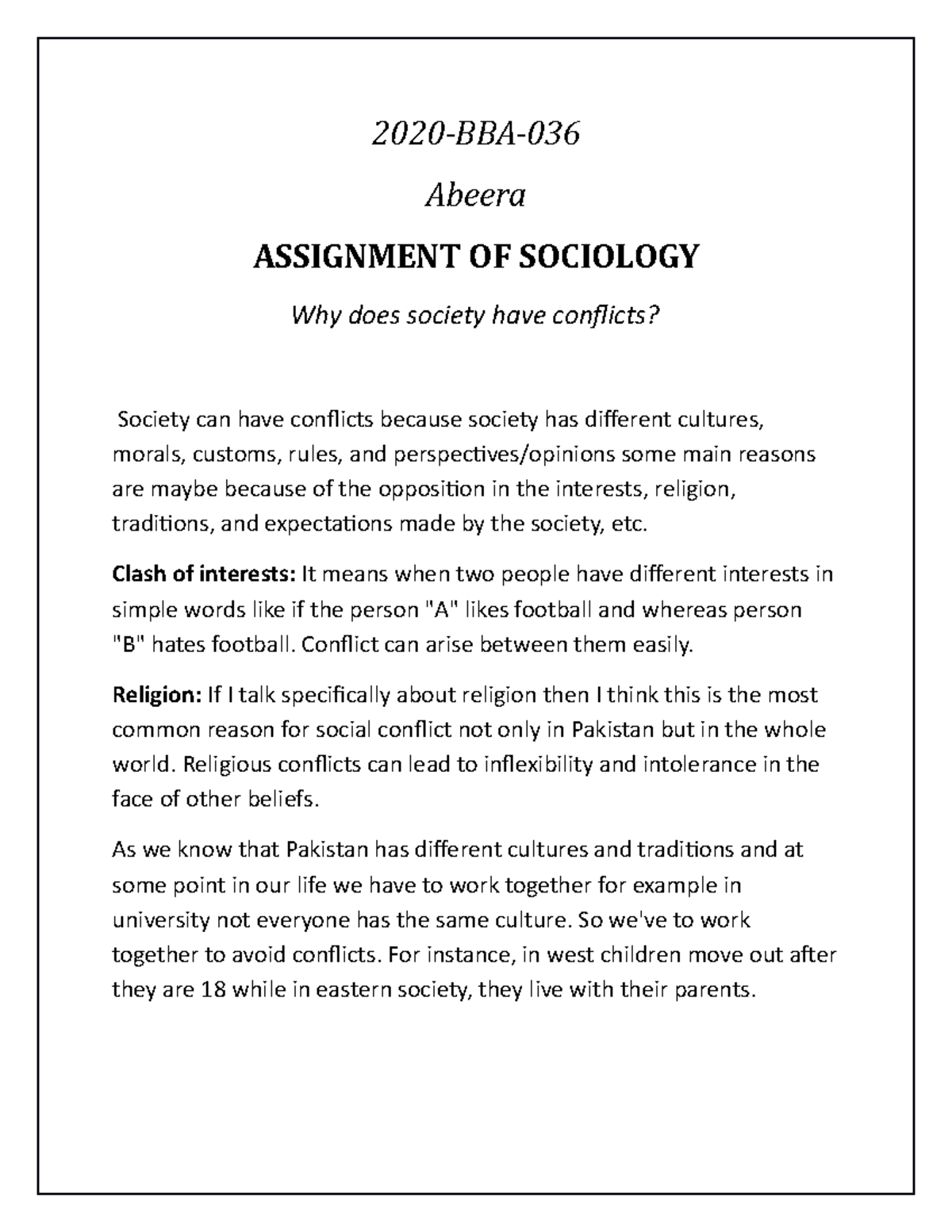 assignment of socilogy comparison of culture - 2020-BBA- Abeera ...