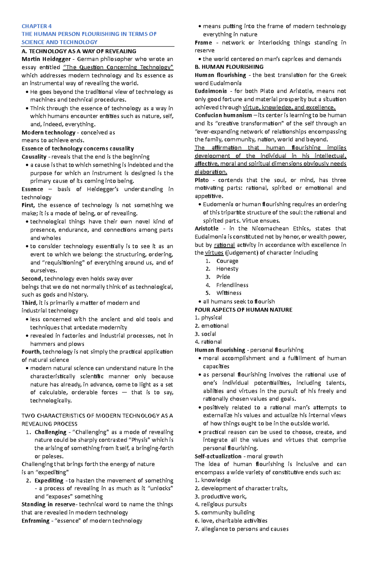 Reviewer - STS - CHAPTER 4 THE HUMAN PERSON FLOURISHING IN TERMS OF SCIENCE AND TECHNOLOGY A ...