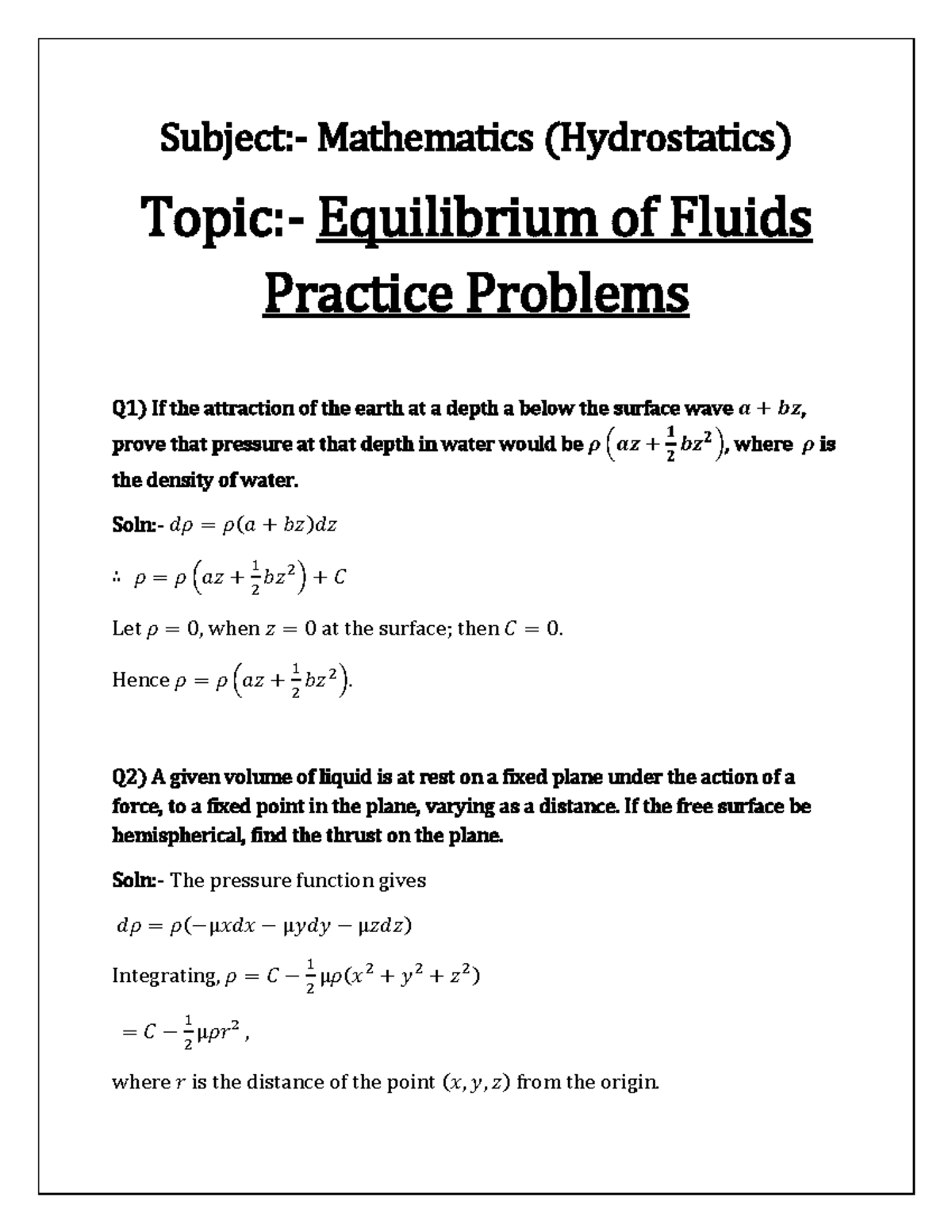Equilibrium of Fluids practice problems - Subject:- Mathematics ...