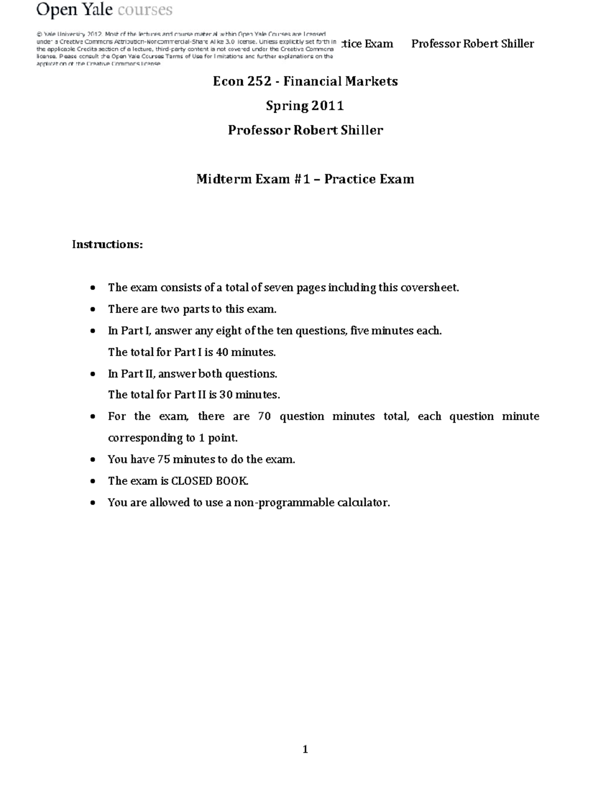 ECON252 Midterm 1 Practice Exam - Econ 252 Spring 2011 Midterm Exam #1 – Practice Exam Econ 252 ...