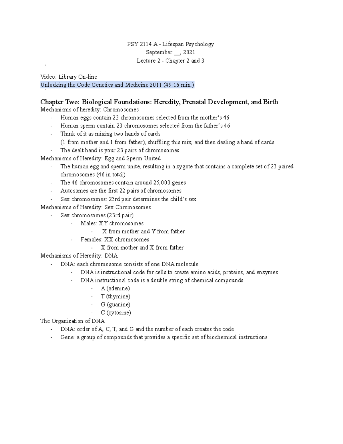 Chapter 2 3 - PSY 2114 A - Lifespan Psychology September __, 2021 ...