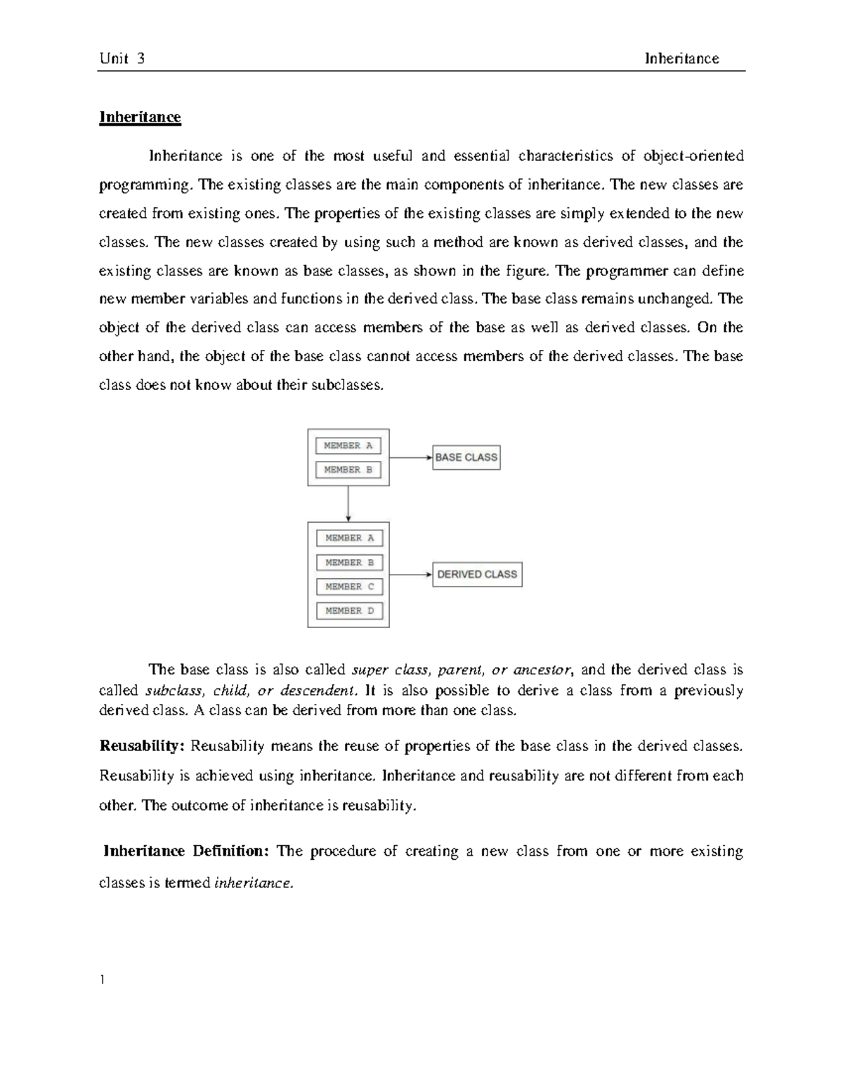 Programing in c - Unit 3 Inheritance Inheritance Inheritance is one of the most useful and ...