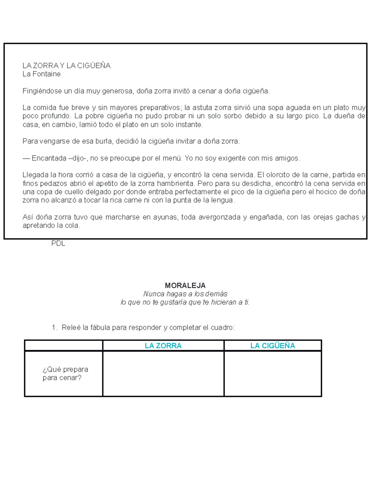 Fabula - LA ZORRA Y LA CIGÜEÑA La Fontaine Fingiéndose un día muy ...