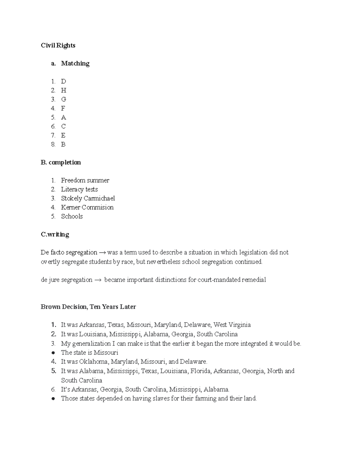 Copy of Emma Diaz - Civil Rights Worksheets - Civil Rights a. Matching ...