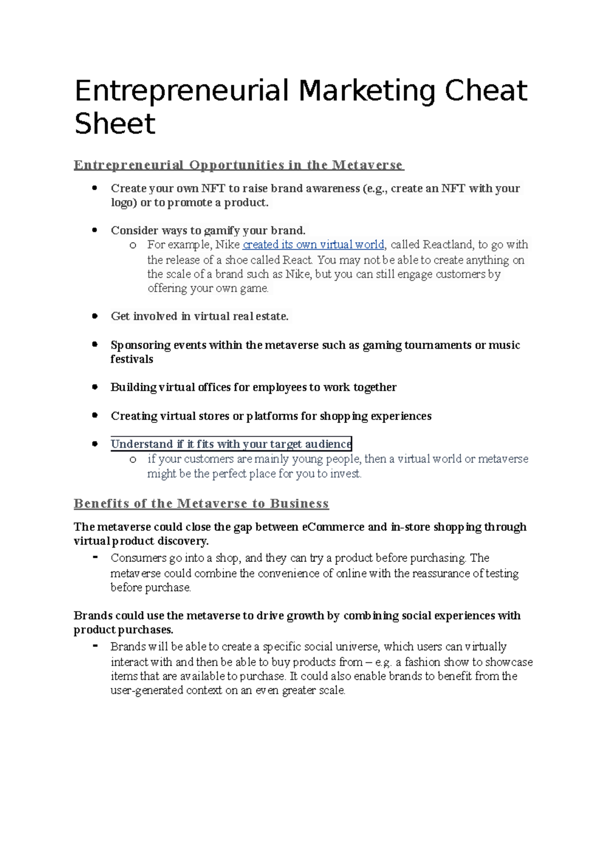 Entrepreneurial Marketing Cheat Sheet - Entrepreneurial Marketing Cheat ...