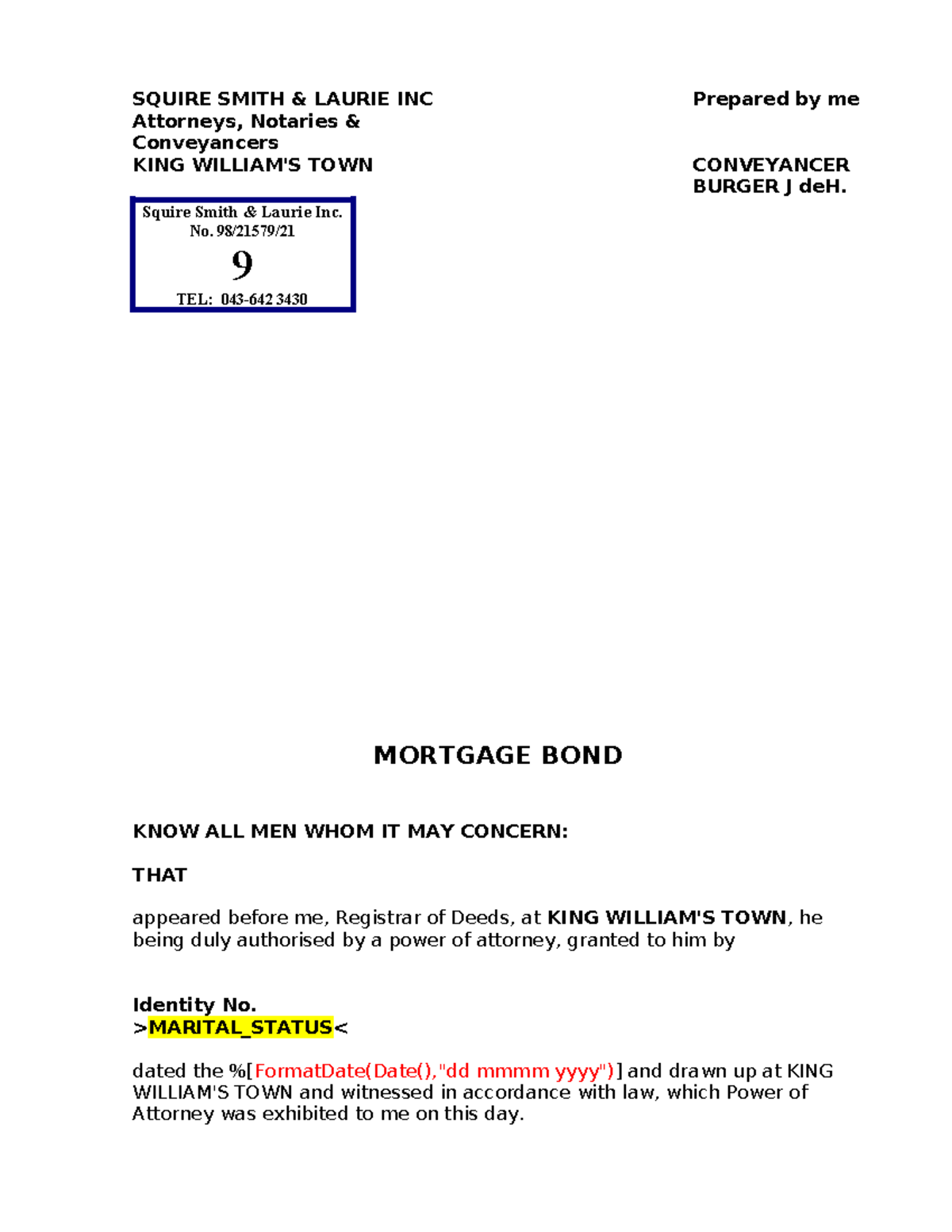 Private BOND - notes - SQUIRE SMITH & LAURIE INC Prepared by me ...