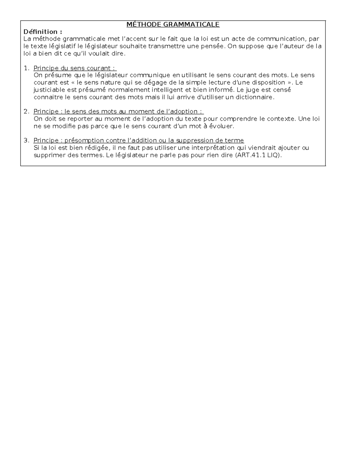 Résumé de chaque méthode d'interprétation - MÉTHODE GRAMMATICALE ...