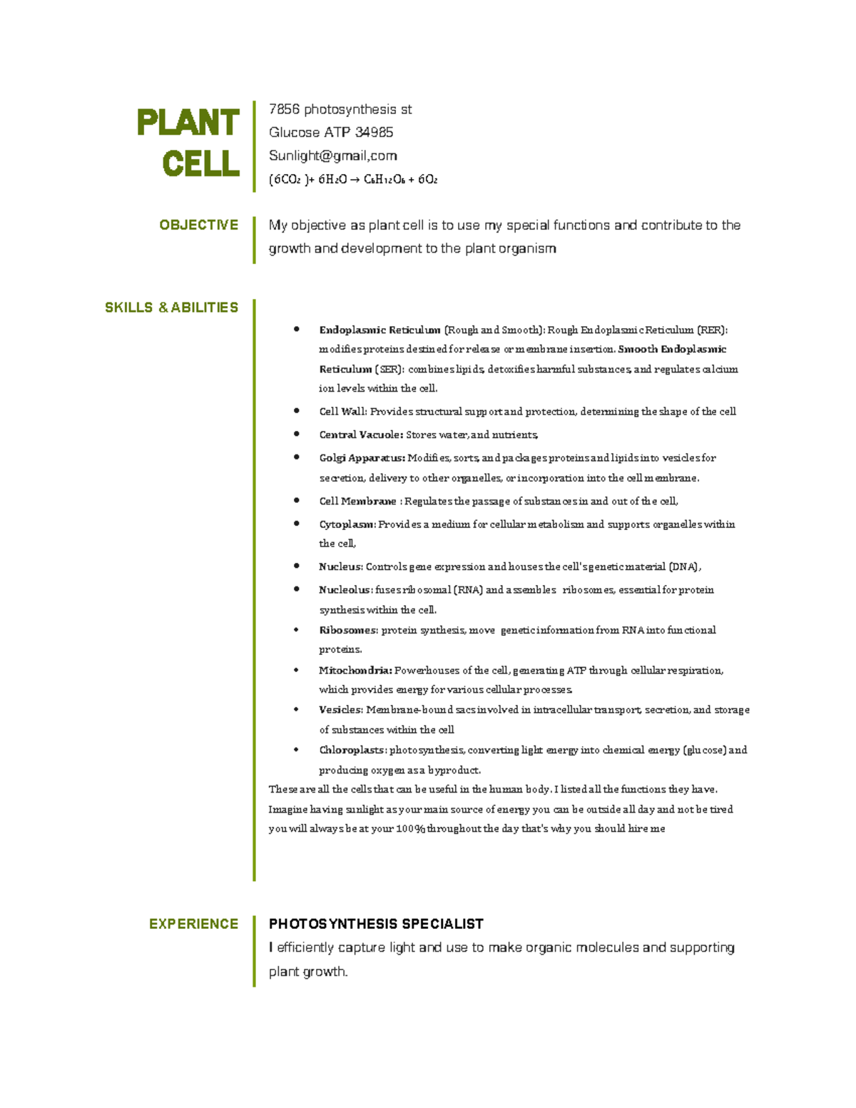 Document 101 - plant cell resume - PLANT CELL 7856 photosynthesis st ...