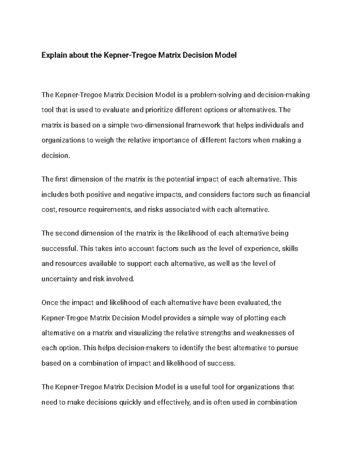 Explain about the Kepner-Tregoe Matrix Decision Model - The matrix is ...