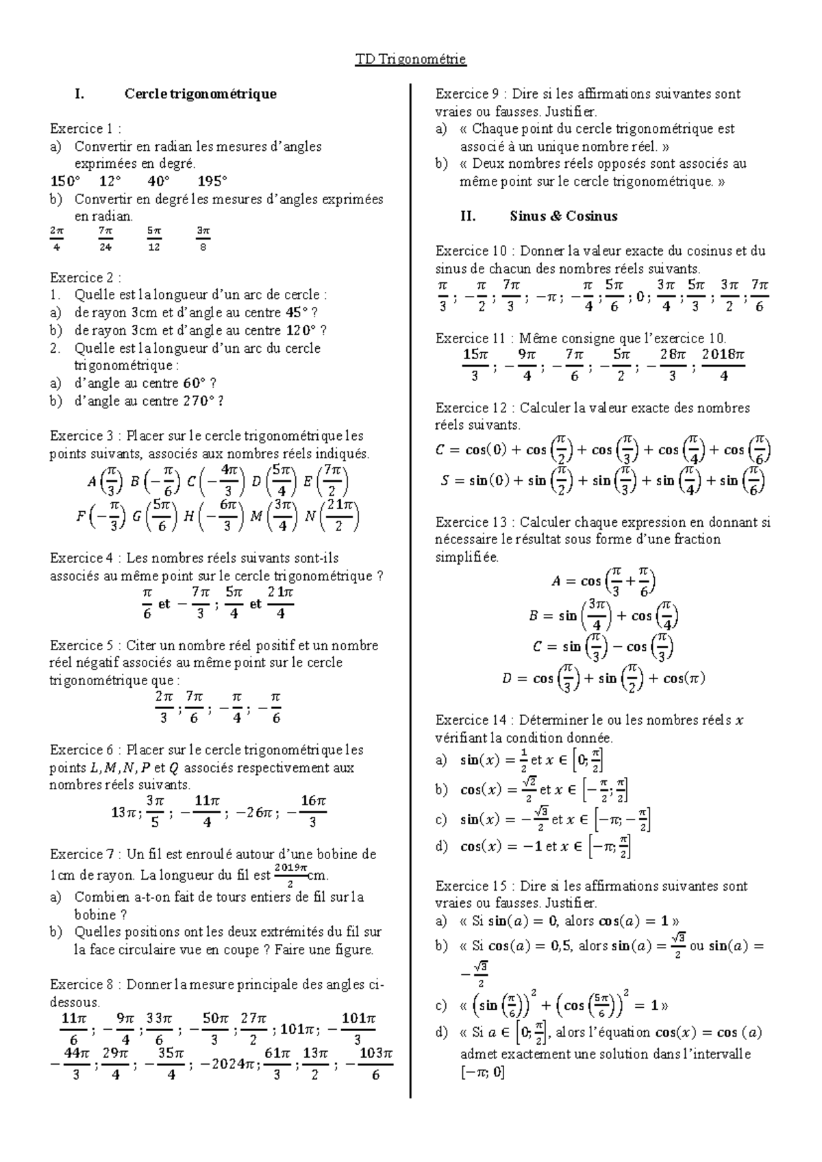 TD Trigonométrie - td trigo - TD Trigonométrie I. Cercle trigonométrique Exercice 1 : a ...