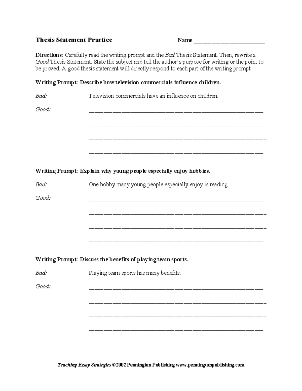 Thesis-Statement-Practice 1 - Teaching Essay Strategies ©2002 ...