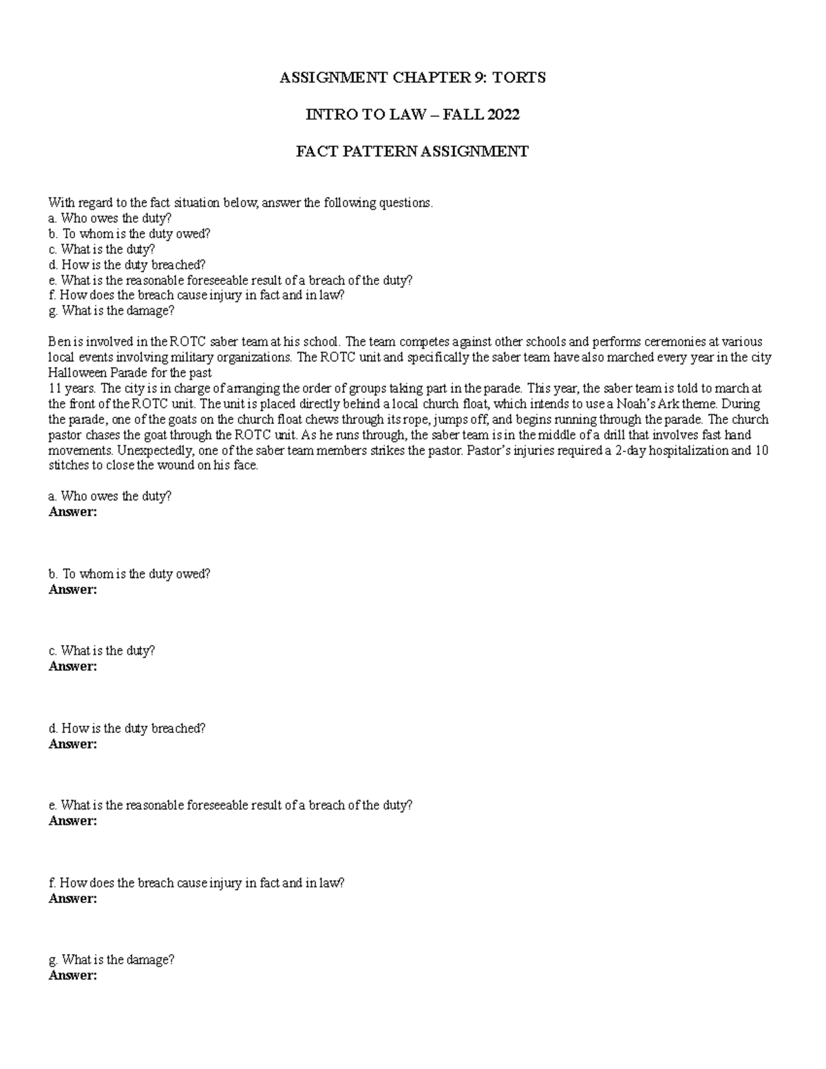 Assignment 9 Intro to Law - Fall 2022 - ASSIGNMENT CHAPTER 9: TORTS INTRO TO LAW – FALL 2022 ...