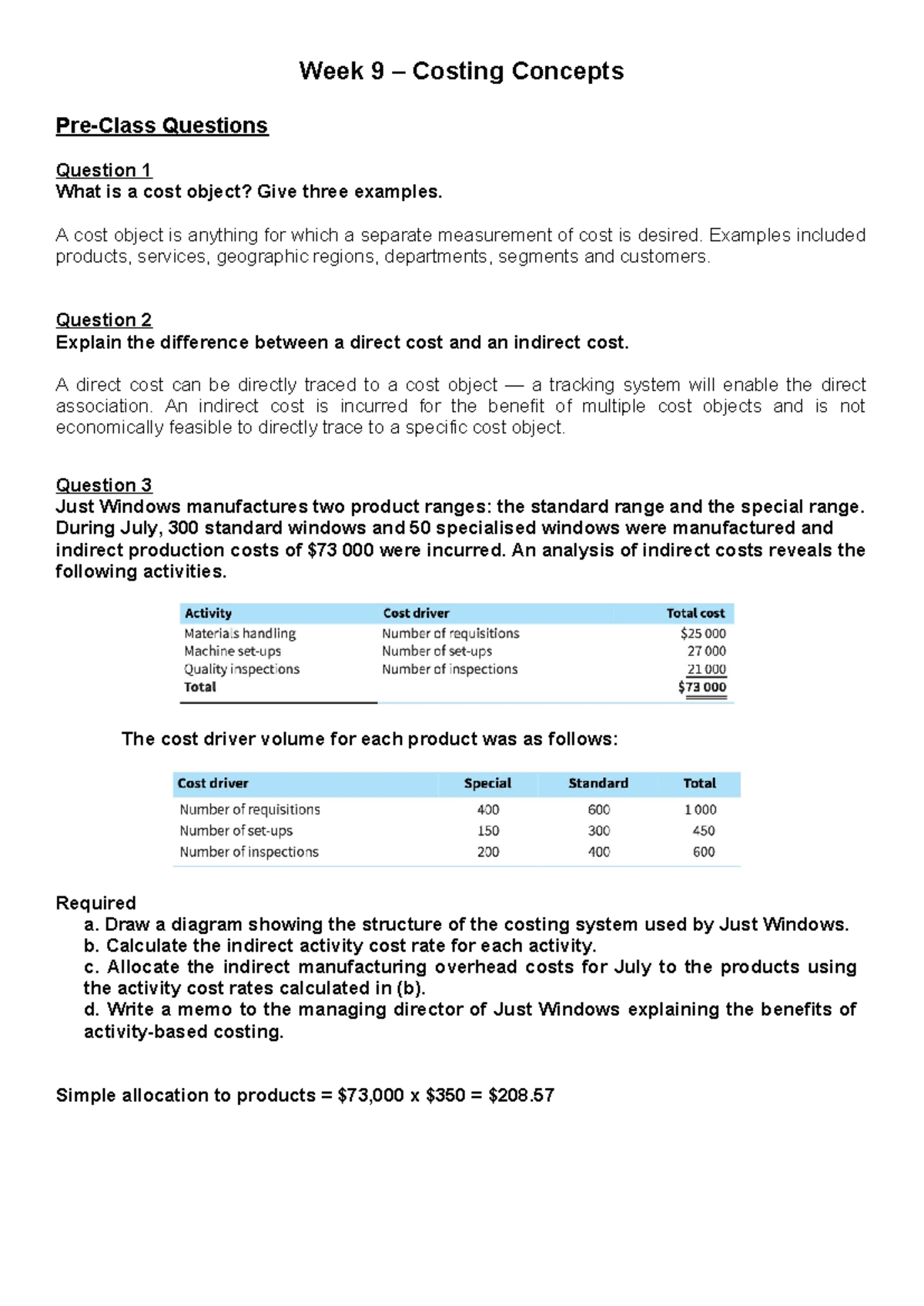 2023 S2 Week 9 Class Questions and Solutions - Week 9 – Costing Concepts Pre-Class Questions ...