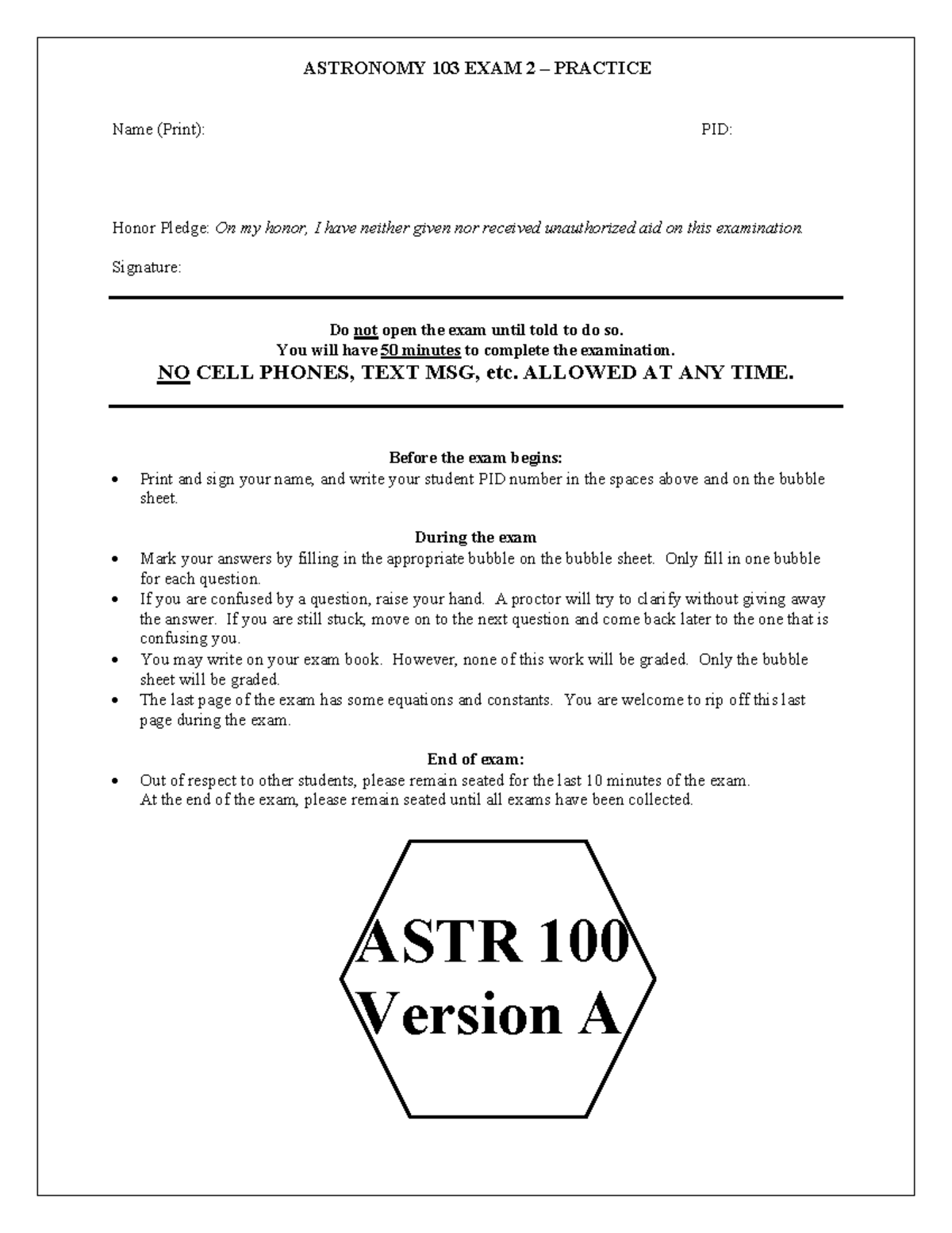 Astronomy 103 Practice Exam 2 - ASTRONOMY 10 3 EXAM 2 – PRACTICE Name ...