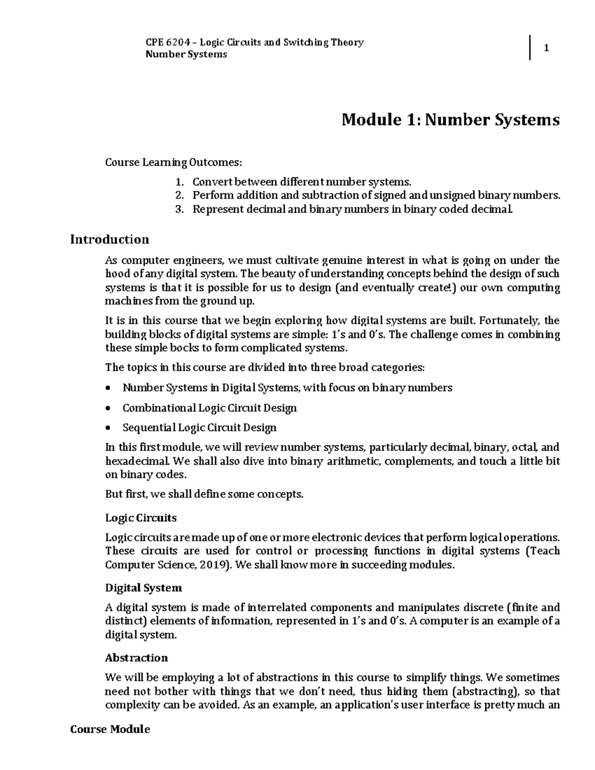 Week 1 - Module 1 Number Systems - CPE 6204 – Logic Circuits and ...