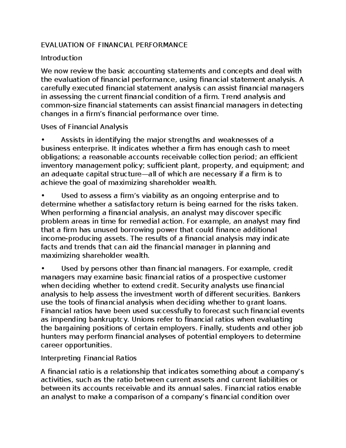 DCC 403 Additional Material - EVALUATION OF FINANCIAL PERFORMANCE ...