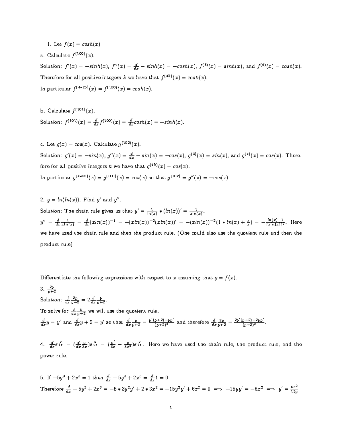 Math 19A Worksheet 5 Solutions - 1. Let f (x) cosh(x) a. Calculate f ...