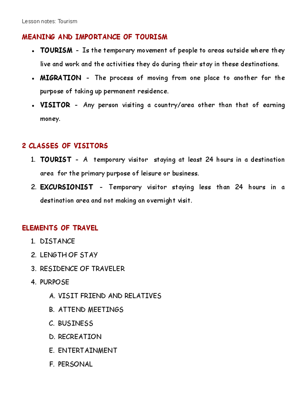 Tourism - Lesson notes: Tourism MEANING AND IMPORTANCE OF TOURISM ...