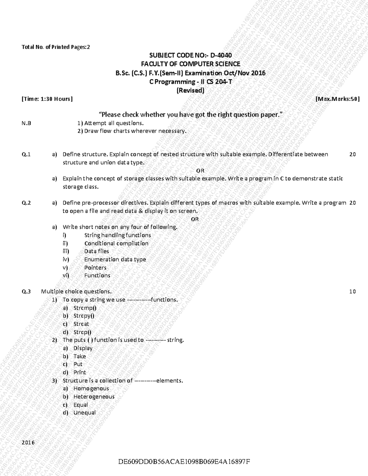 C Programming Ii Cs 204 T 16d 4040 C Prog Ii 2016 Total No Of Printed Pages Subject Code