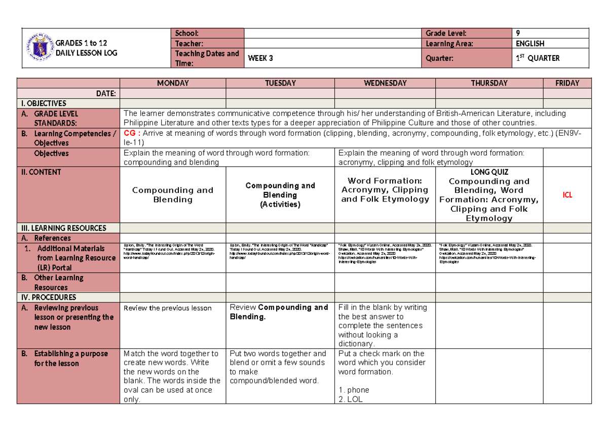 English 9 Q1 W3 - NONE - MONDAY TUESDAY WEDNESDAY THURSDAY FRIDAY DATE ...