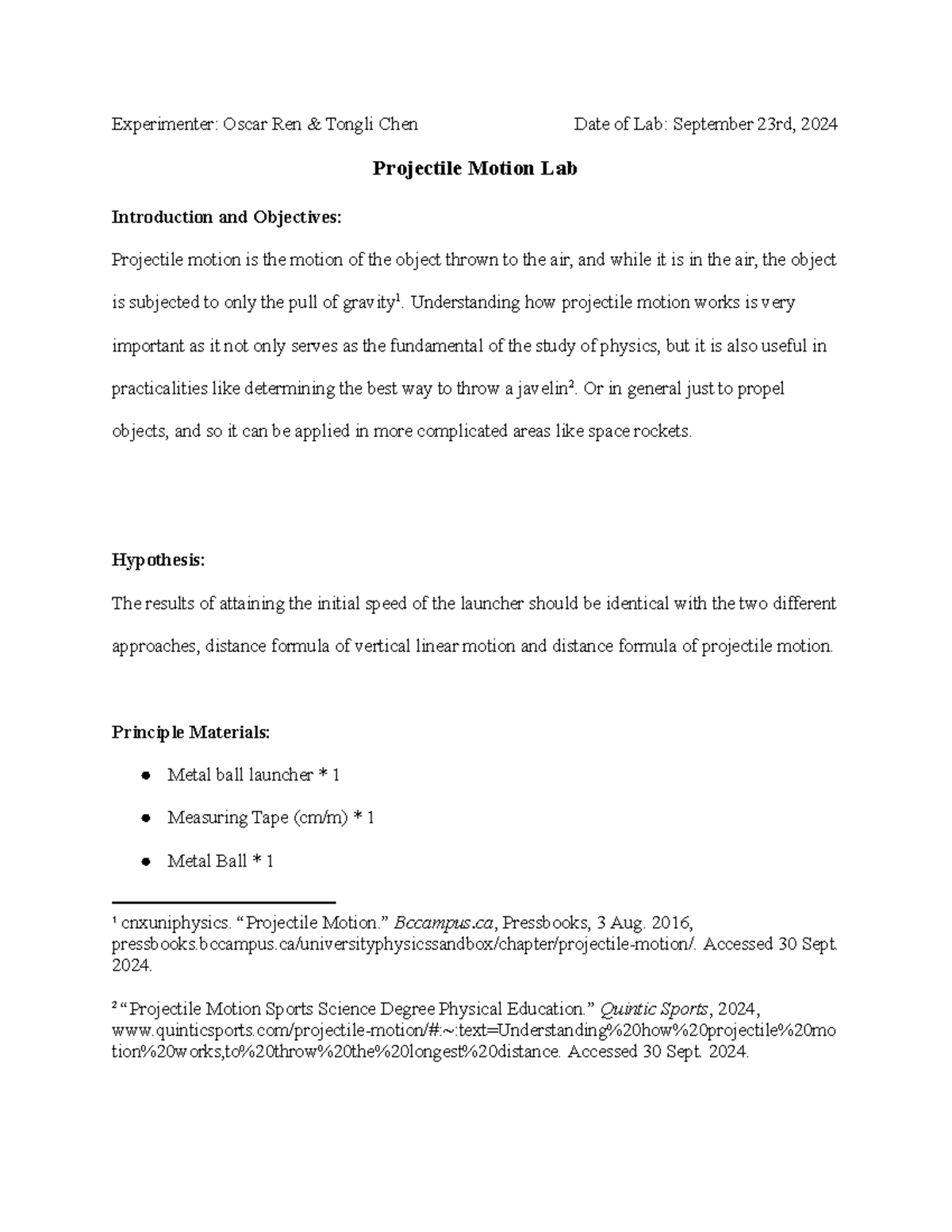 Projectile Motion Lab - Normal Lab Assignment - Experimenter: Oscar Ren ...