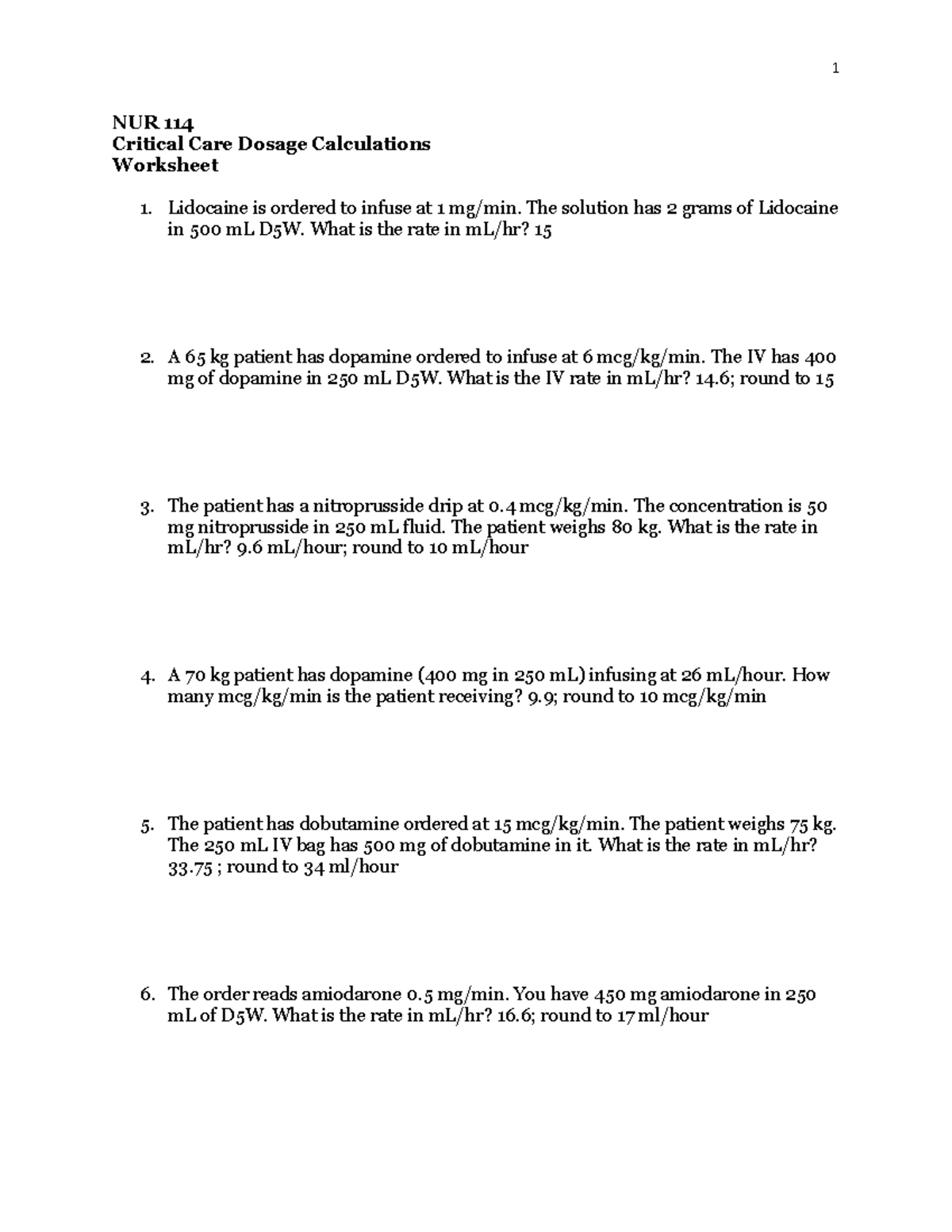 NUR 114 Critical Care Math Worksheet - 1 NUR 114 Critical Care Dosage ...