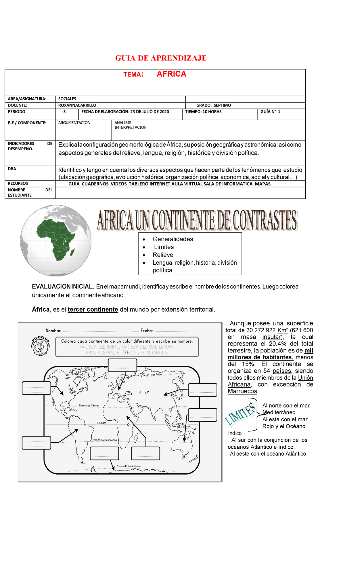 Africa - Estudia y aprende - GUIA DE APRENDIZAJE EVALUACION INICIAL. En ...