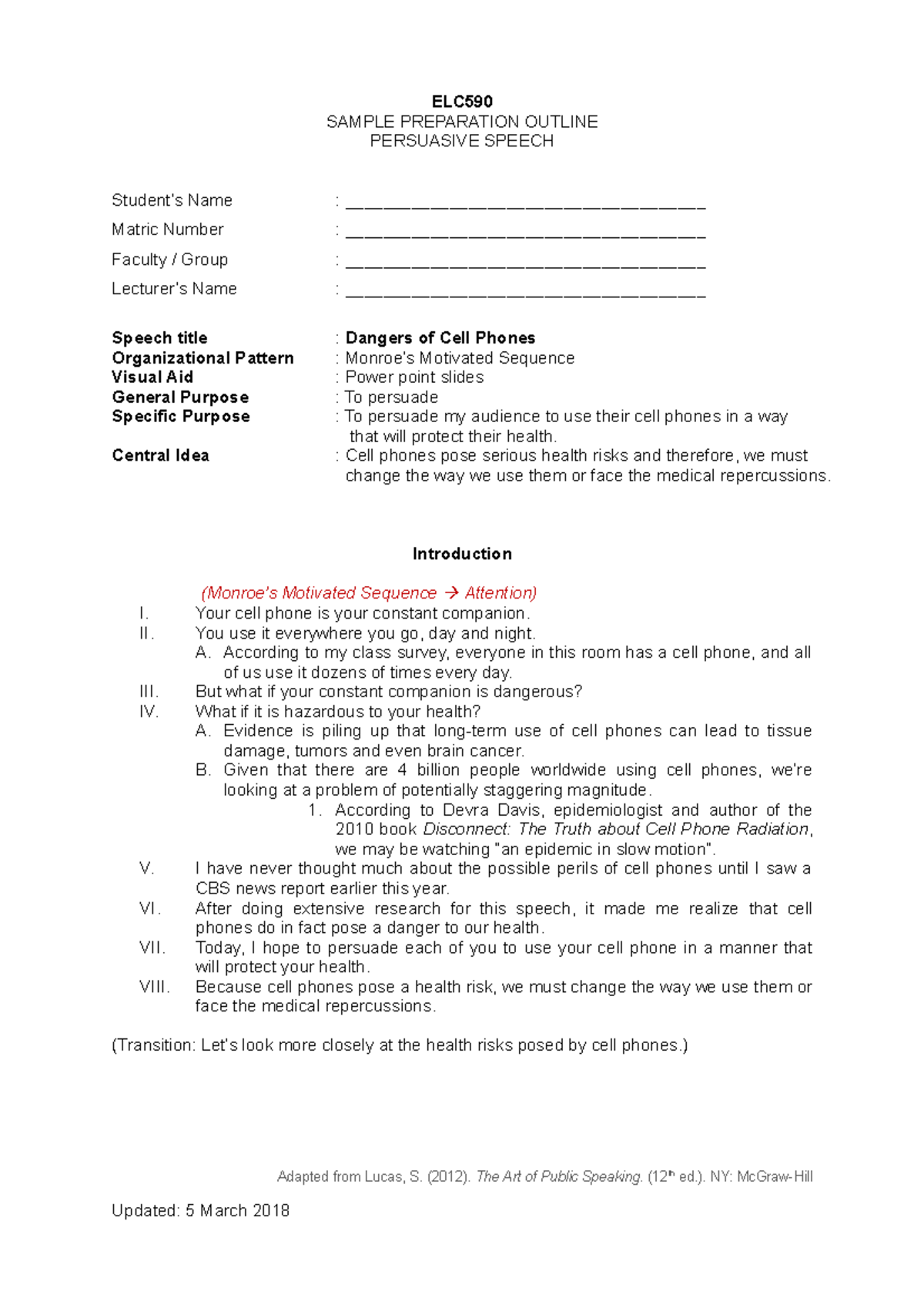 ELC590 PS Outline Sample Dangers of Cell Phones (2002 20) - ELC SAMPLE ...